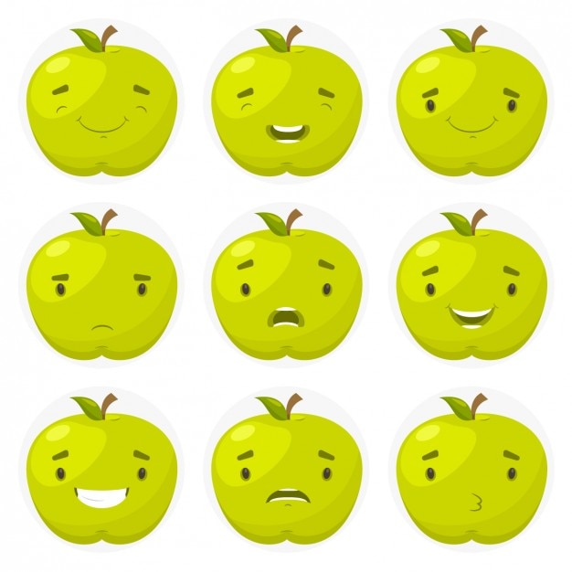 Vibrant Green Apple Emoticon Icons with Expressive Faces | Jiffy Designs