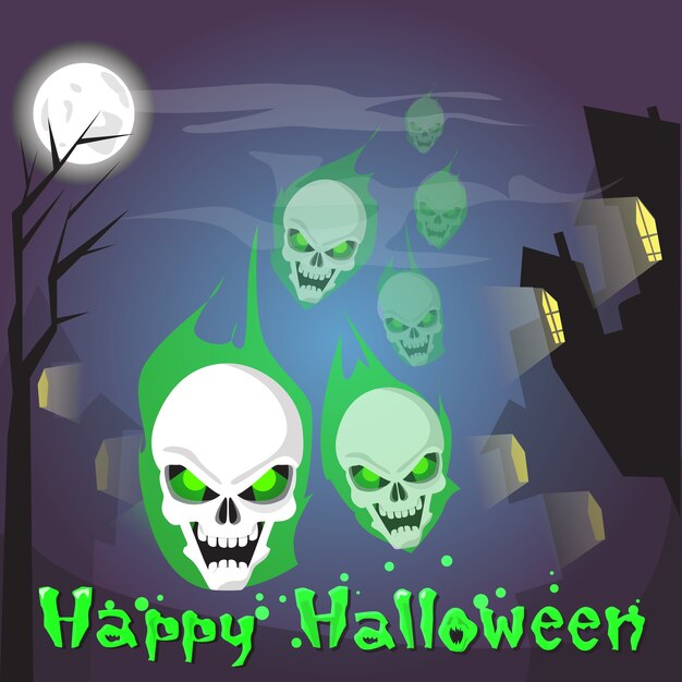Spooky Halloween Night with Glowing Skulls and Haunted House | Jiffy ...