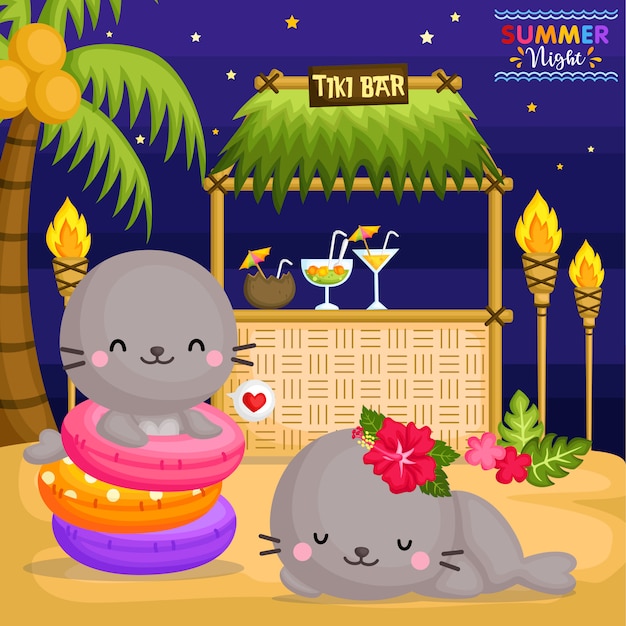 Cute Tiki Bar Scene with Playful Seals | Jiffy Designs