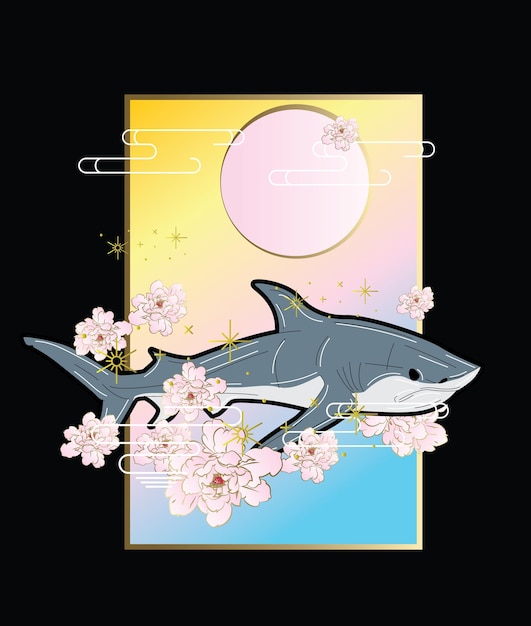 Captivating Shark and Sakura Blossoms in Moonlit Sky | Jiffy Designs