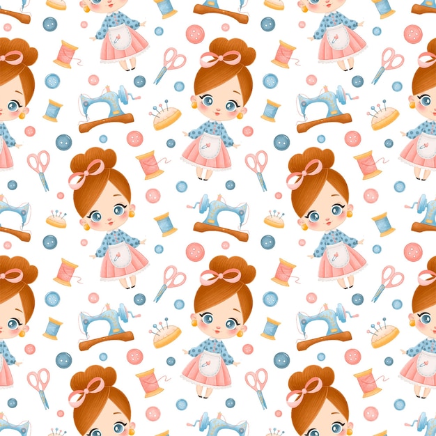 Delightful Sewing-Themed Pattern with Adorable Girl Illustrations ...