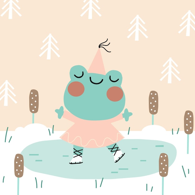 Cute Cartoon Frog Ice Skating in a Winter Wonderland | Jiffy Designs