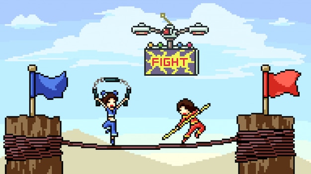 Retro Pixel Art Fighters Battle on Cliffside | Jiffy Designs