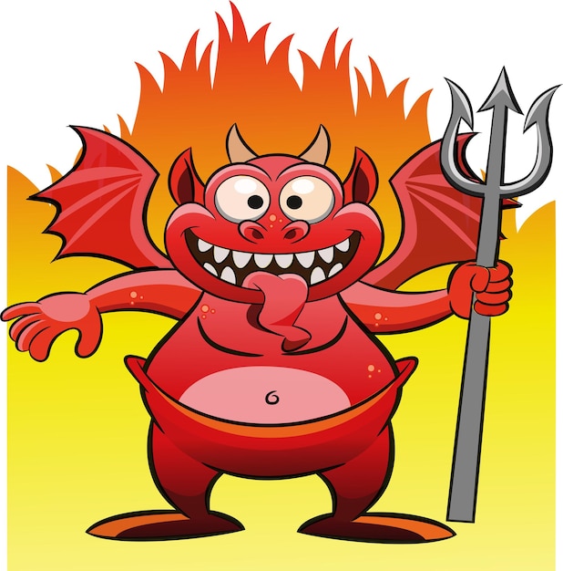 Mischievous Demon Holding Trident Against Fiery Backdrop | Jiffy Designs