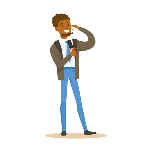 Young Cheerful Black Man Breaking News Reporter Speaks Into Microphone ...