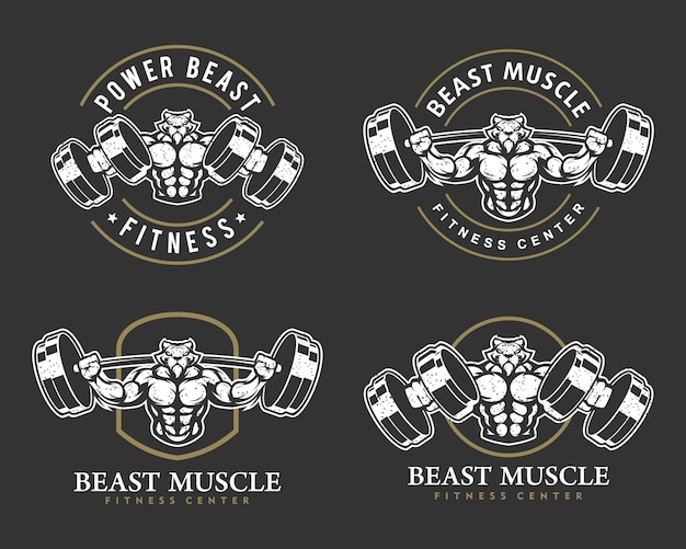 Powerful Beast Muscle Fitness Emblems with Barbell and Bodybuilder ...