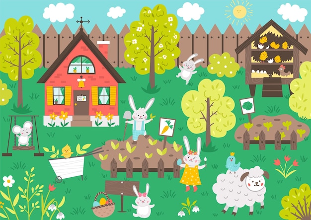 Cheerful Spring Countryside Scene with Animals and Houses | Jiffy Designs