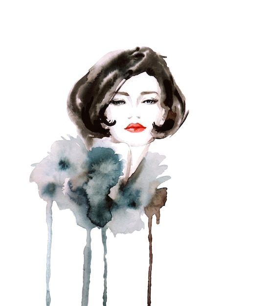 Elegant Woman in Fur Coat, Watercolor Portrait | Jiffy Designs