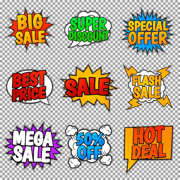 Vibrant Comic Book Style Sale Promotion Badges and Logos | Jiffy Designs