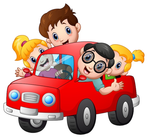 Cartoon Family Driving Red Car with Cute Animal Friends | Jiffy Designs