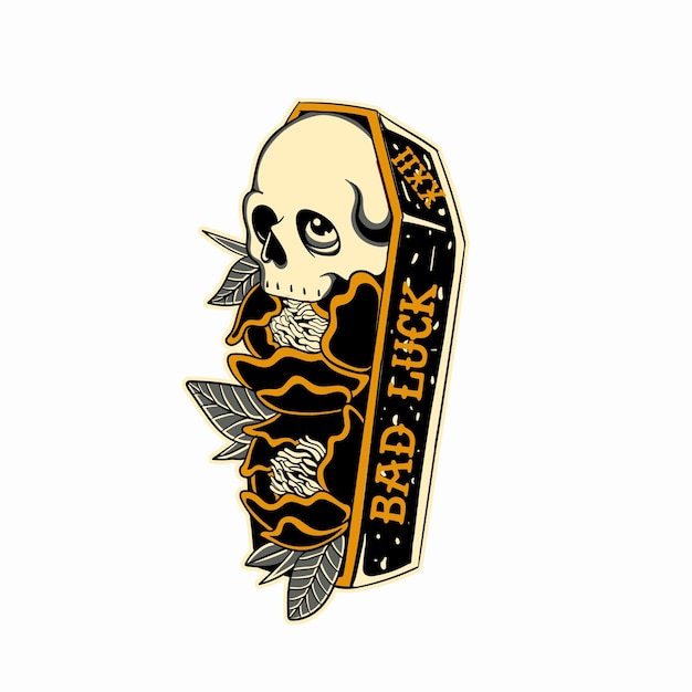 Skull Skeleton Holding Arrows in Ornate Coffin Illustration | Jiffy Designs