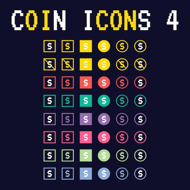 Vibrant Pixel Art Coin Icon Collection with Diverse Designs | Jiffy Designs