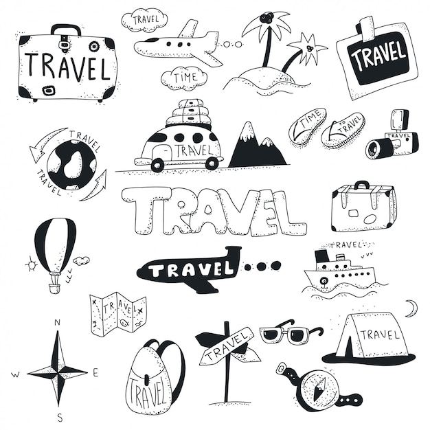Diverse Collection of Hand-Drawn Travel-Themed Doodles and Icons ...
