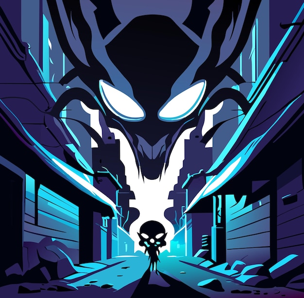 Menacing Alien Overlord Looms in Neon-Lit Dystopian Alley | Jiffy Designs
