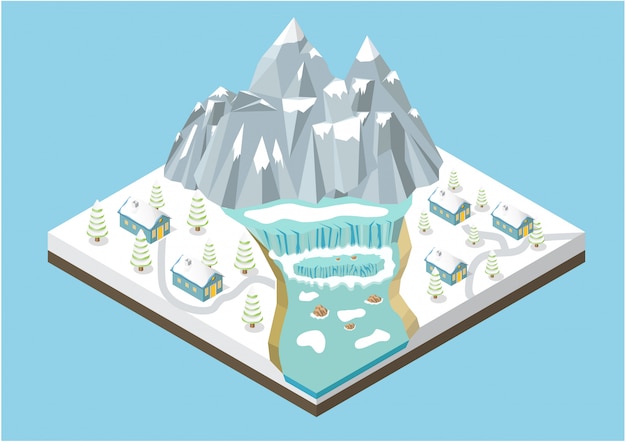Serene Isometric Winter Landscape with Snowy Mountains and Cabins ...