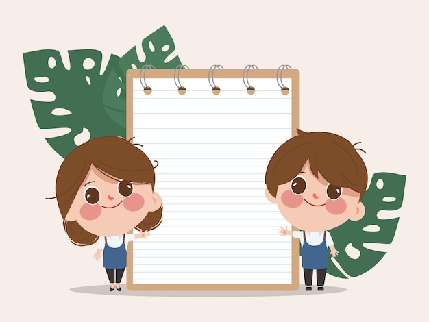 Cheerful Kids Presenting Blank Notepad with Tropical Leaves | Jiffy Designs