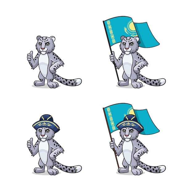 Spirited Snow Leopard Waving Flags of Kazakhstan with Pride | Jiffy Designs