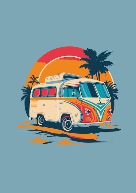 Retro Surf Van at Sunset with Palm Trees | Jiffy Designs
