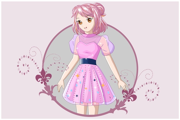 Vibrant Anime Girl in Whimsical Pink Dress and Pigtails | Jiffy Designs