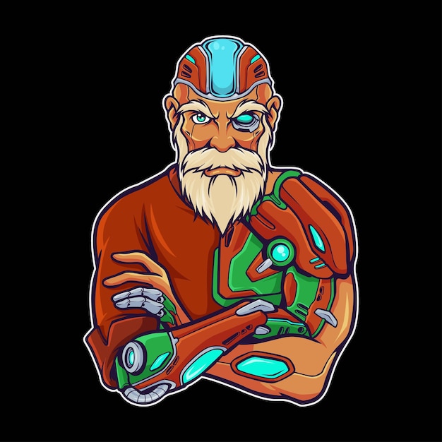 Wise Old Mechanic with Retro Futuristic Tools and Gear | Jiffy Designs