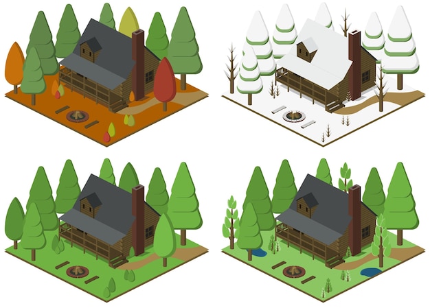 Isometric Cabin Illustrations in Four Seasonal Landscapes | Jiffy Designs