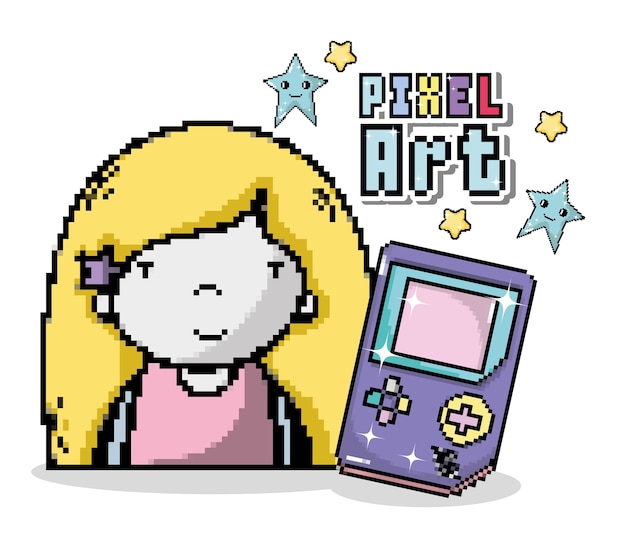 Pixel Art Girl Playing Retro Handheld Video Game | Jiffy Designs