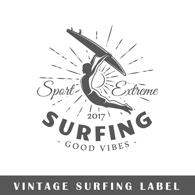 Vintage Surfing Label with Retro Surfboard and Sunburst | Jiffy Designs
