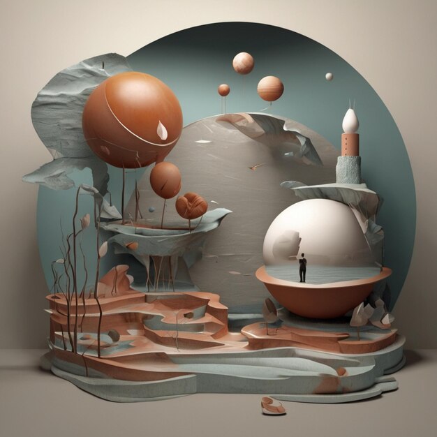 Surreal Landscape with Floating Spheres and Structures | Jiffy Designs