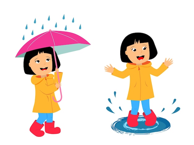 Playful children enjoying rainy day with umbrella and rain boots ...