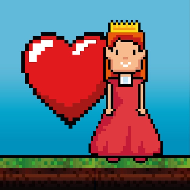 Pixel Princess Holding Vibrant Heart on Grassy Field | Jiffy Designs
