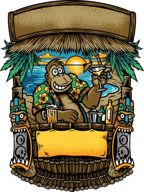 Tropical Tiki Bar Scene with Smiling Monkey Bartender | Jiffy Designs