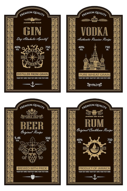 Vintage Liquor Labels Collection: Gin, Vodka, Beer, and Rum | Jiffy Designs