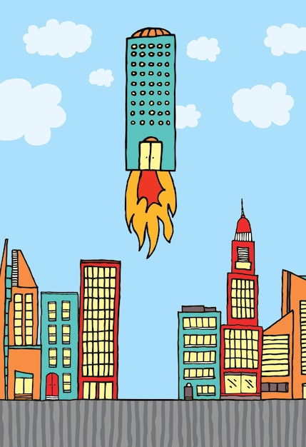 Whimsical Cityscape with Rocket-Powered Skyscraper | Jiffy Designs