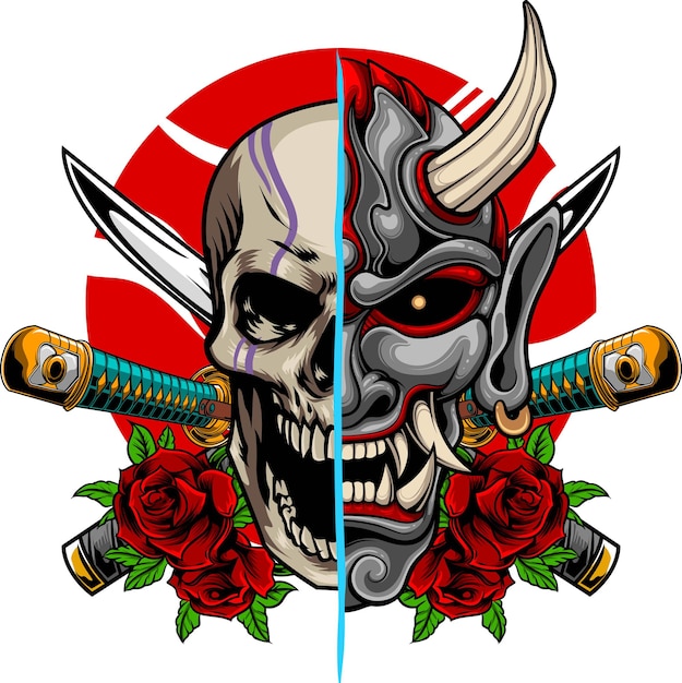 Fearsome Oni Mask with Katanas and Crimson Roses | Jiffy Designs
