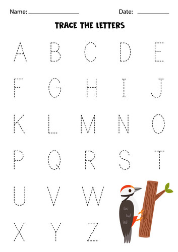Tracing Uppercase Letters Of Alphabet. Worksheet With Cute Woodpecker ...