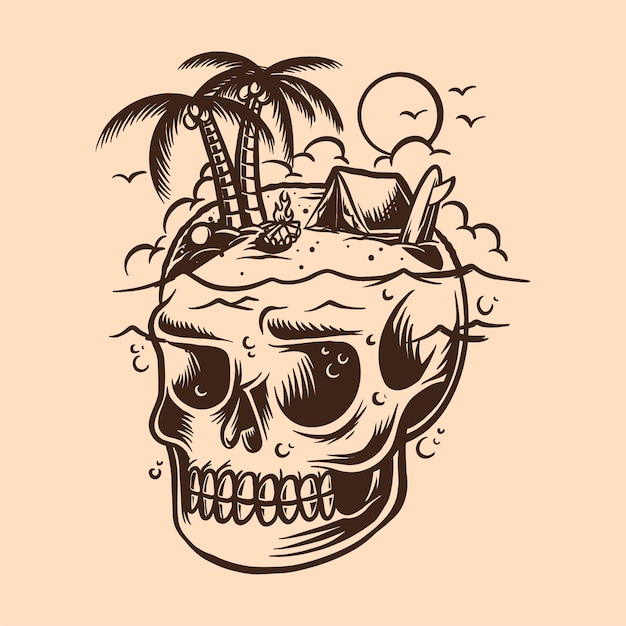 Tropical Skull Illustration with Scenic Landscape | Jiffy Designs
