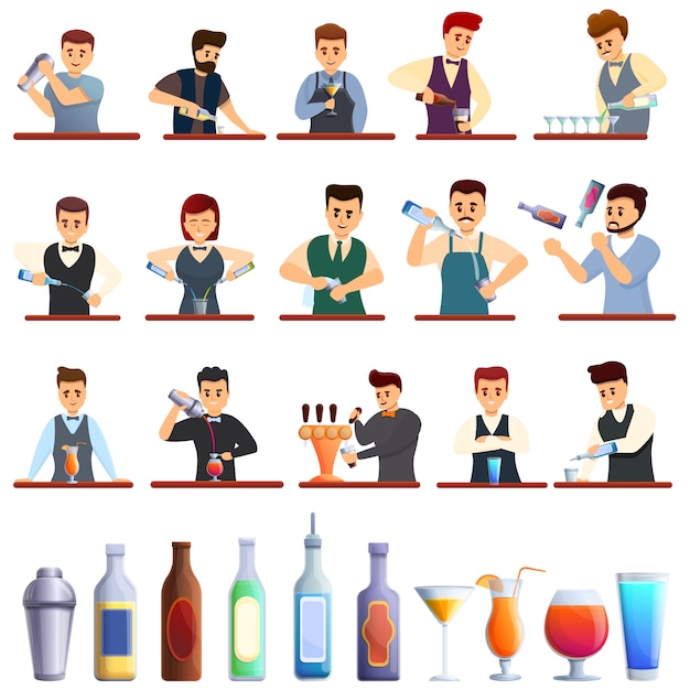Diverse Collection of Bartender Avatars and Cocktail Illustrations ...