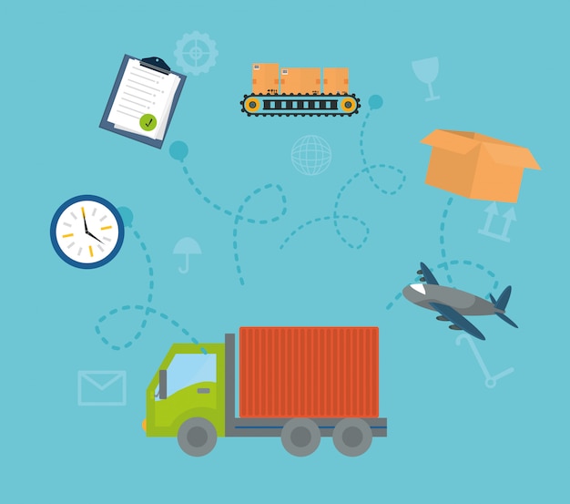 Logistics and Delivery Tracking Illustration with Truck, Plane, Clock ...