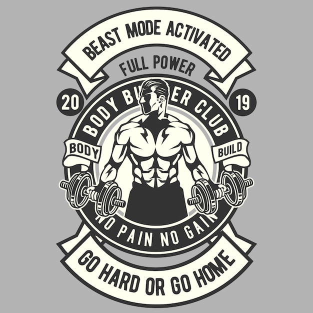 Powerful Bodybuilder Emblem with Motivational Slogan | Jiffy Designs
