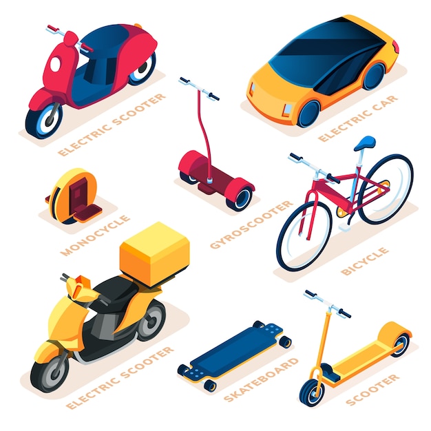 Vibrant Collection of Diverse Mobility Icons: Scooters, Cars, and ...