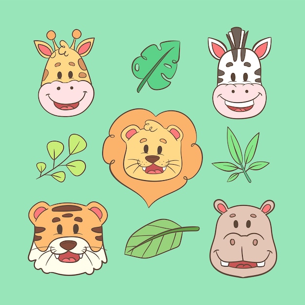 Cute Jungle Animal Faces with Vibrant Leaf Accents | Jiffy Designs