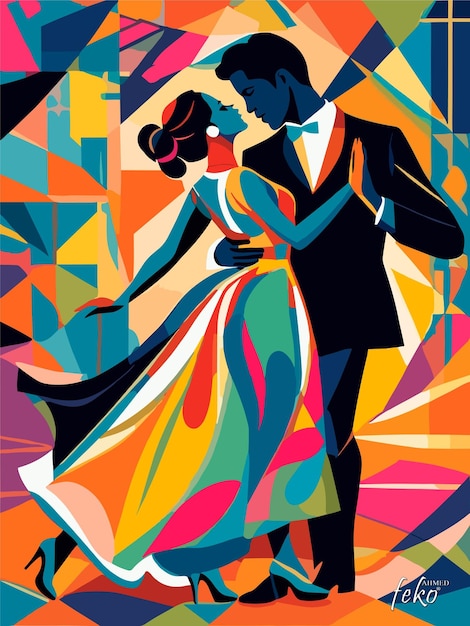 Vibrant Tango Dancers Embrace on Geometric Backdrop | Jiffy Designs