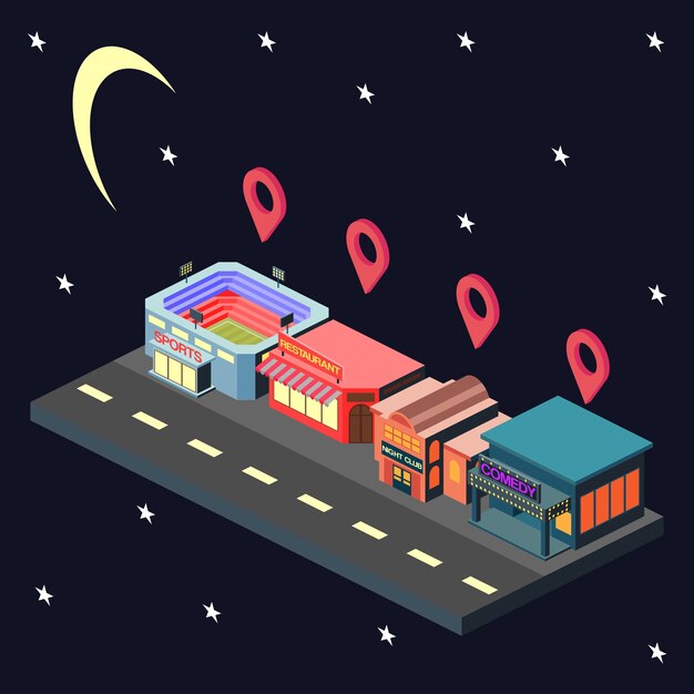 Vibrant Isometric Town Under a Starry Night Sky | Jiffy Designs