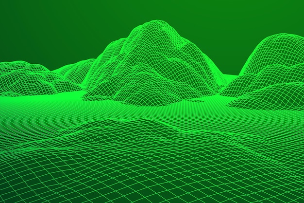 Undulating Green Wireframe Landscape with Mountainous Peaks | Jiffy Designs