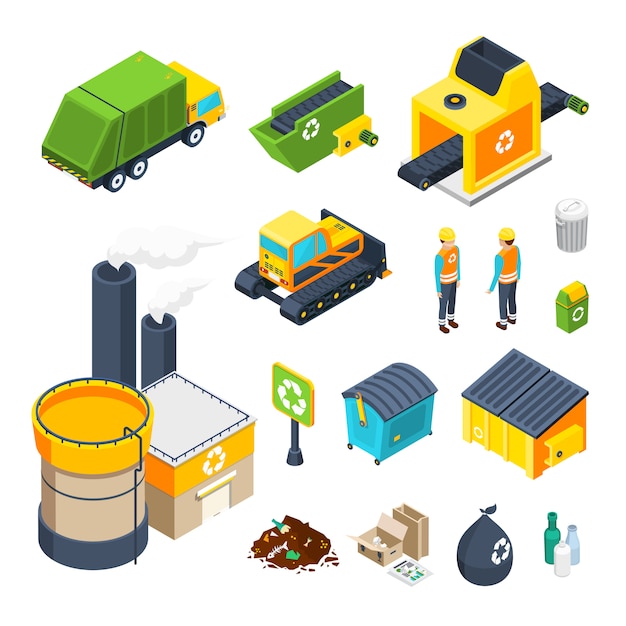 Vibrant Isometric Waste Management Icons and Vehicles | Jiffy Designs