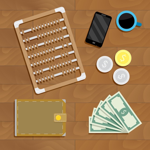 Vibrant Workspace with Abacus, Cash, and Tech Gadgets | Jiffy Designs