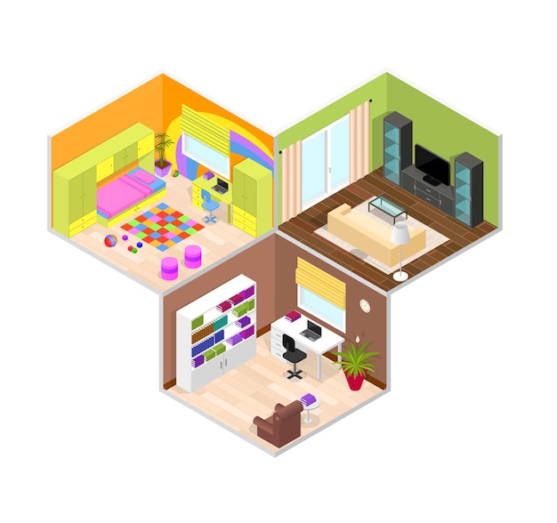 Cozy Isometric Home Interior with Vibrant Furnishings | Jiffy Designs