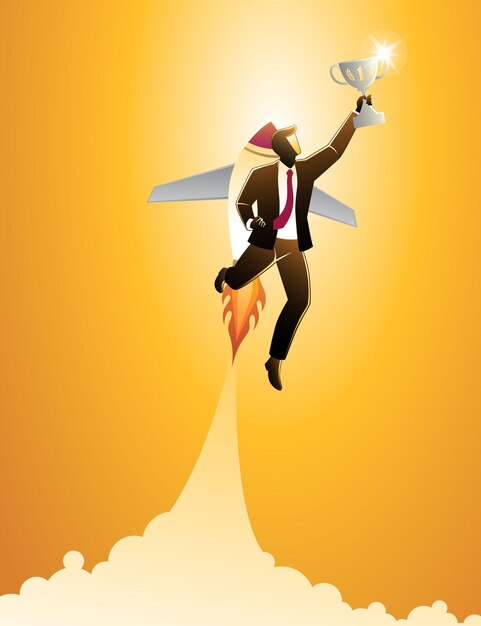 Triumphant Businessman Soaring with Trophy on Fiery Backdrop | Jiffy ...