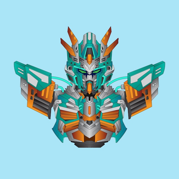 Vibrant Mecha Warrior Emblem in Striking Green and Orange | Jiffy Designs