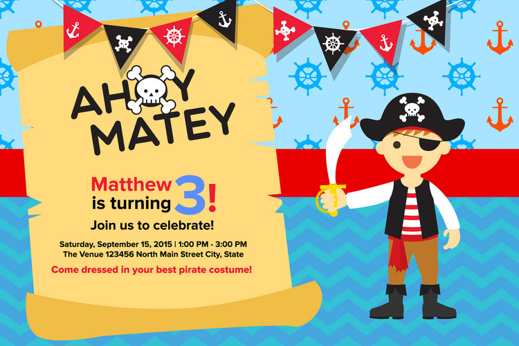 Ahoy Matey Pirate Boy Birthday Invitation Card Template | Jiffy Designs
